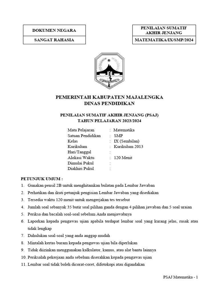 Soal Psaj Mat TP 2023-2024 | PDF