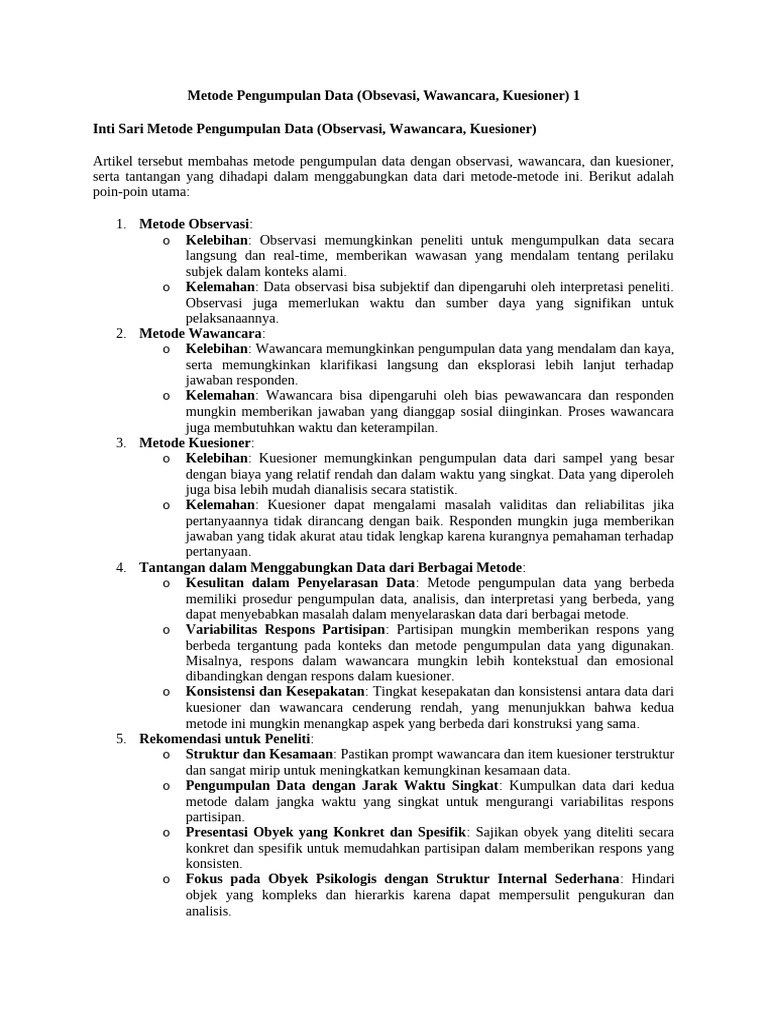 3A Metode Pengumpulan Data (Obsevasi, Wawancara, Kuesioner) | PDF