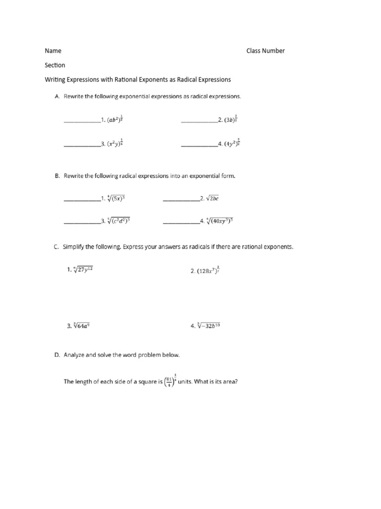 Worksheet 1 - Writing Expressions With Rational Exponents As Radical ...