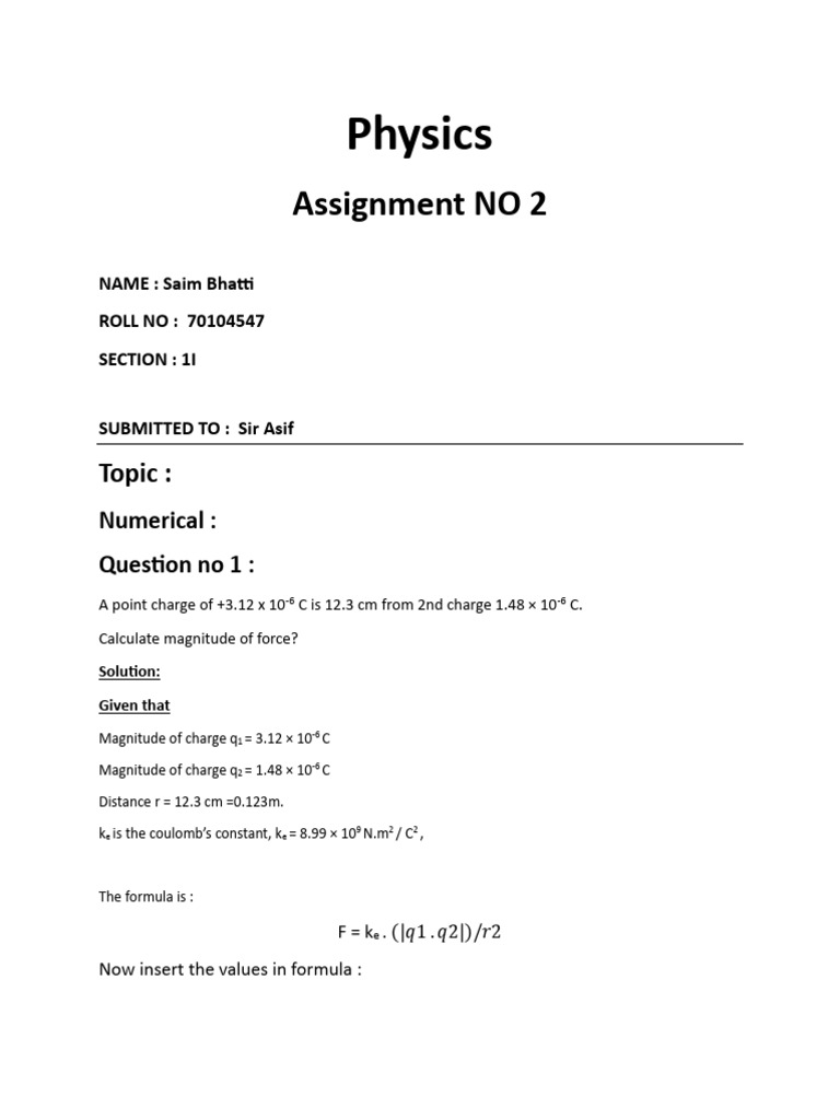 SAIM Physics Assignment 2 70174547 | PDF | Electric Field | Electronvolt