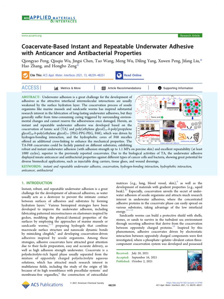 Coacervate-Based Instant and Repeatable Underwater Adhesive With ...