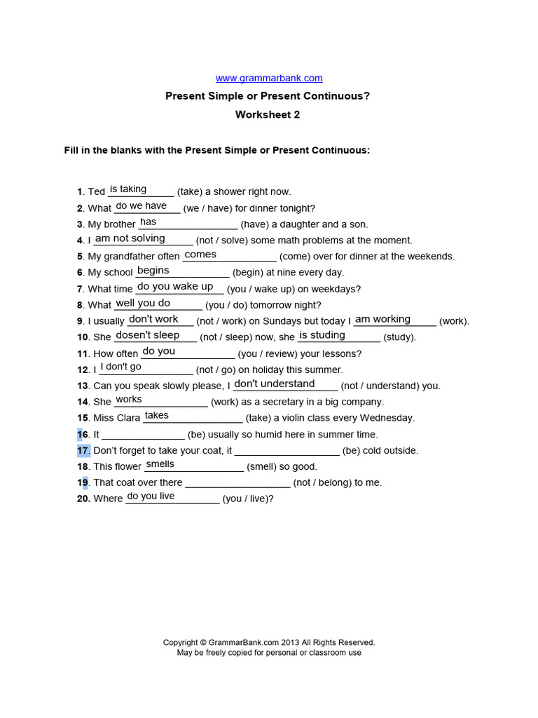 Present Simple Vs Present Continuous Worksheet2 | PDF