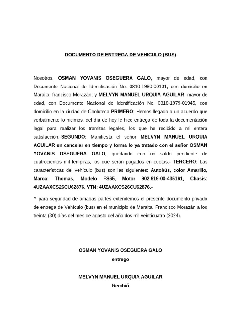 Documento de Entrega de Vehiculo | PDF