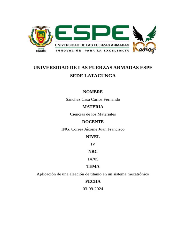 Informe Proyecto Final Materiales | PDF | Titanio | Tratamiento a base de calor