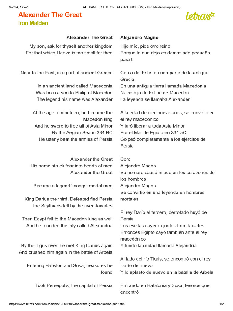 ALEXANDER THE GREAT (TRADUCCIÓN) - Iron Maiden (Impresión) | PDF