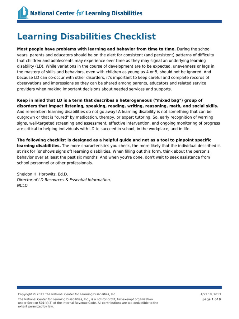 National Center Learning Disabilities Checklist | PDF