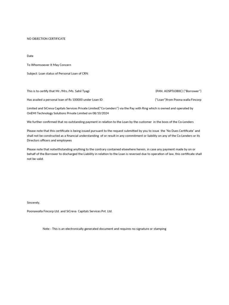 No Objection Certificate | PDF | Finance & Money Management