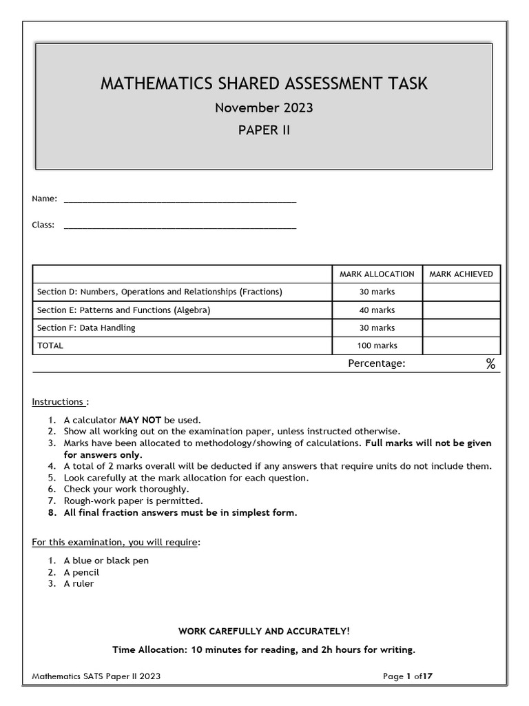 SATS Math Paper II 2023 | PDF | Pet | Pie Chart
