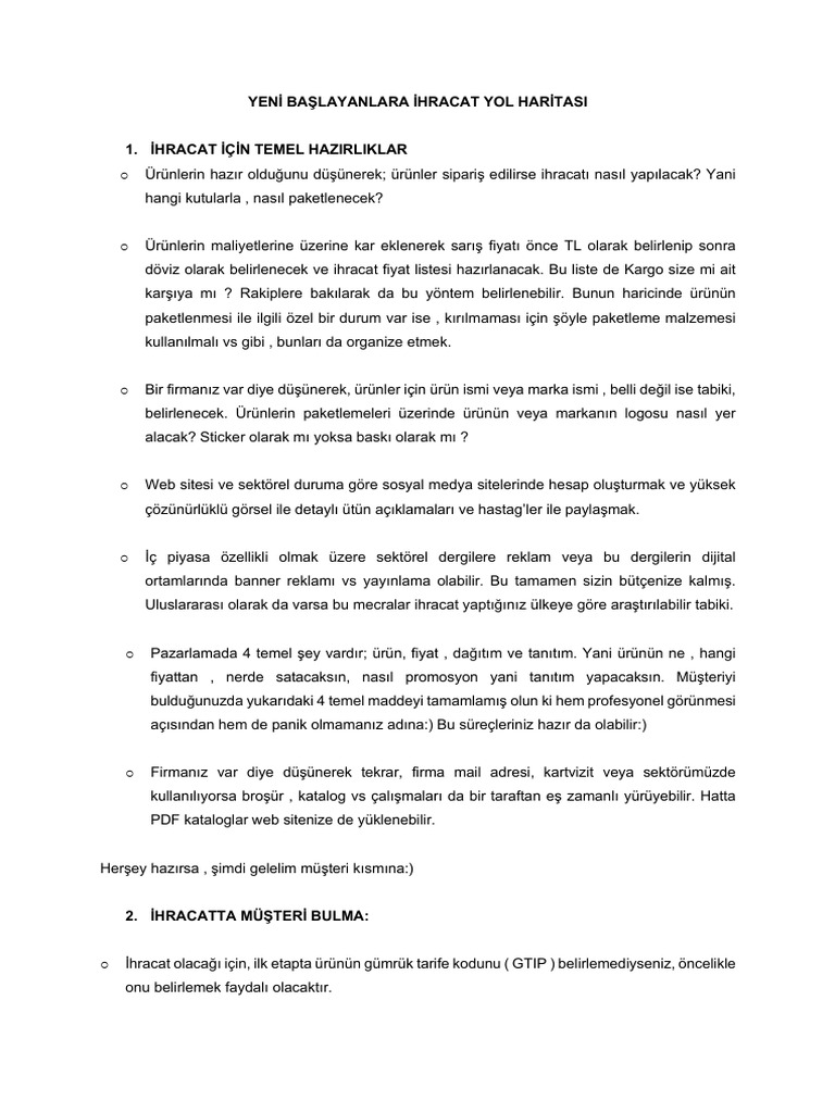Yeni̇ Başlayanlara İhracat Yol Hari̇tasi | PDF