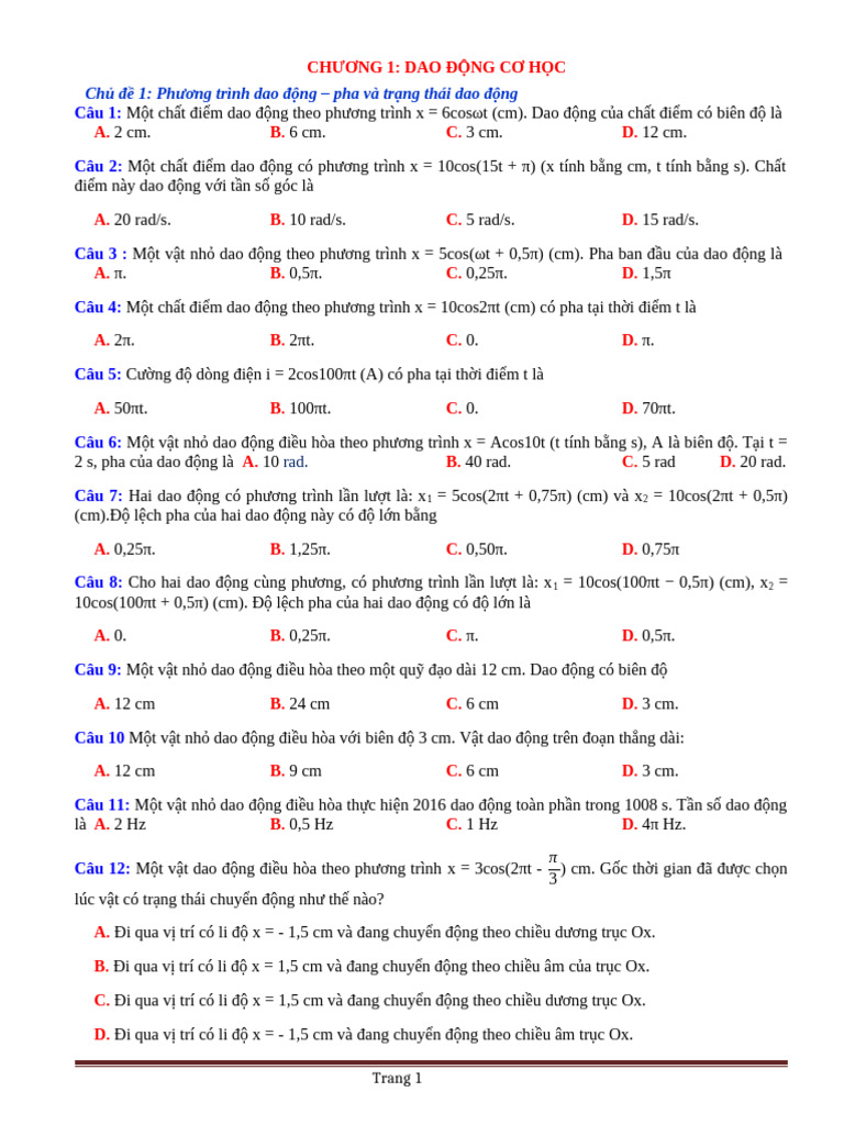 Chuyen de Dao Dong Co Hoc Co Dap An | PDF