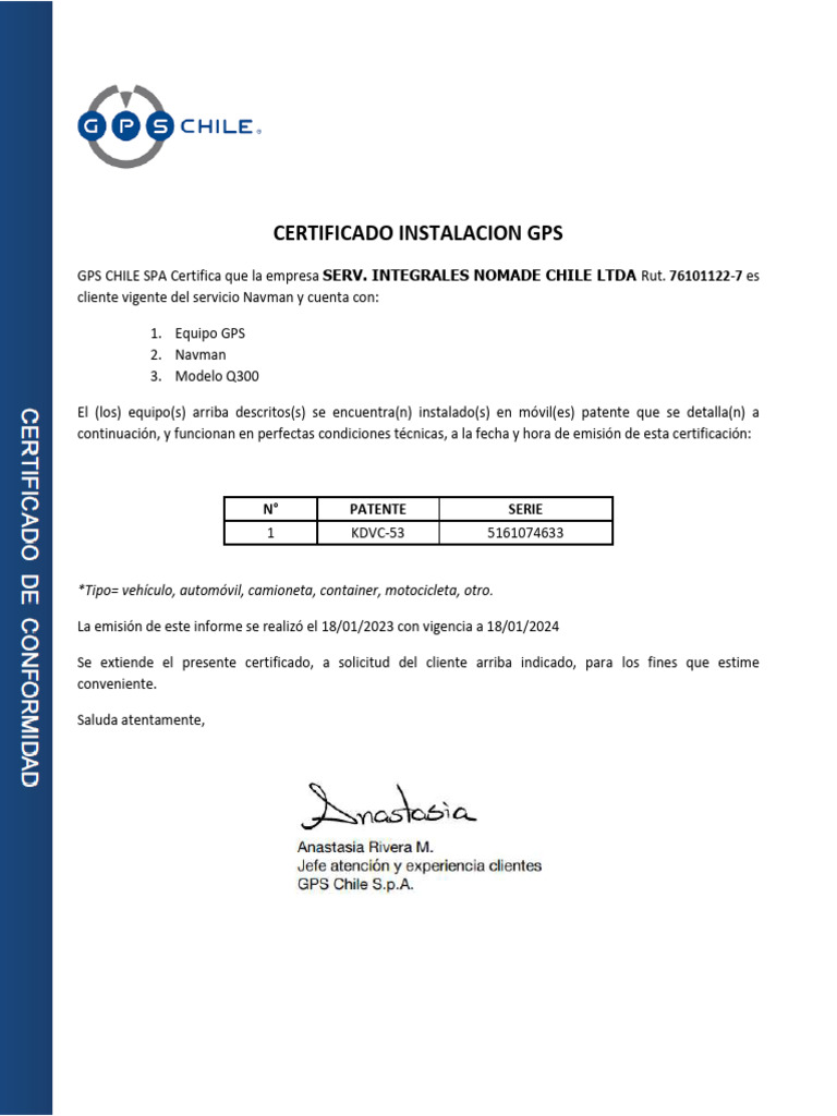 Certificado de Instalación GPS Chile | PDF | Tecnología