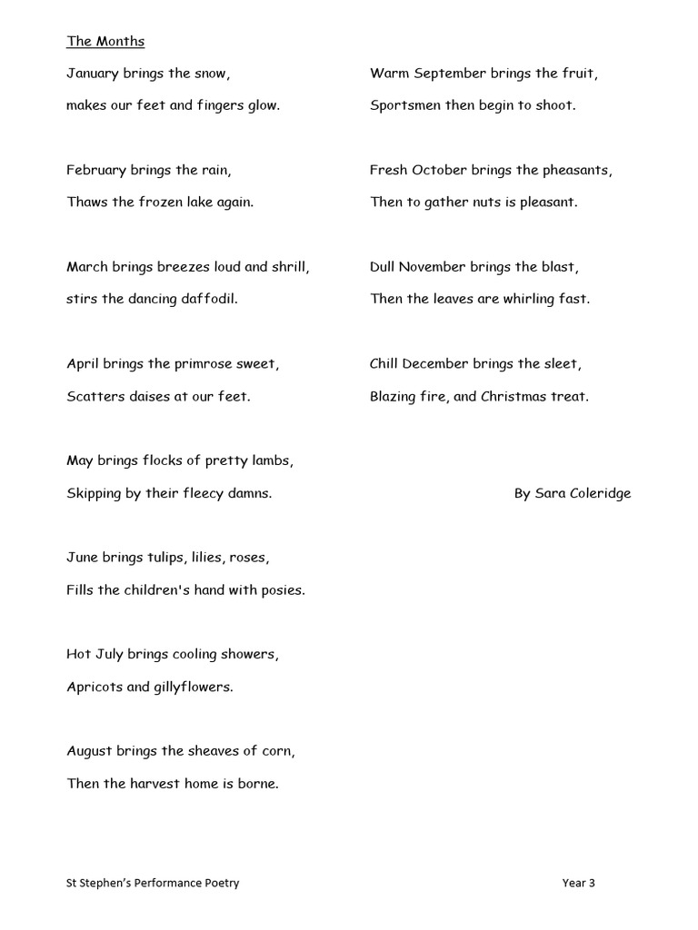 Y3 Sum1 The Months | PDF | Art | Poetry