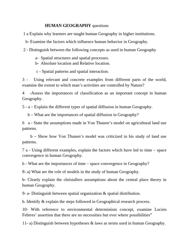 Human Geography Questons | PDF | Geography | Theory