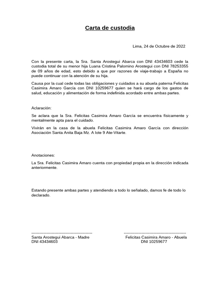 Carta de Custodia | PDF