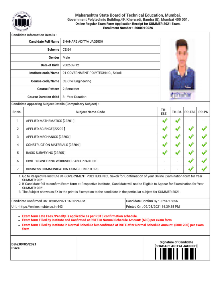 Exam Form Application of Candidate For | PDF