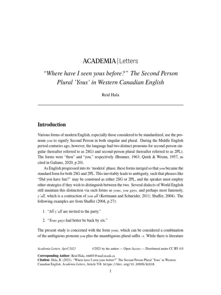 The Use of 'Yous' in Canadian English | PDF | English Language | Plural