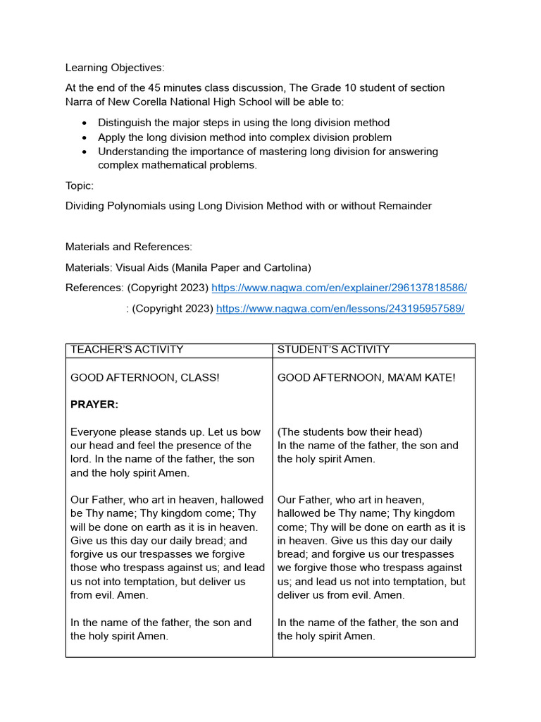 5es Detailed Lesson Plan | PDF | Lord's Prayer | Division (Mathematics)