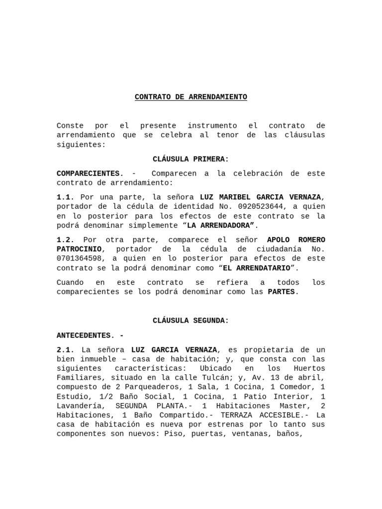 Contrato de Arrendamiento Luz Maribel Garcia Vernaza Casa Calle Tulcan y Av. 13 de Abril | PDF ...