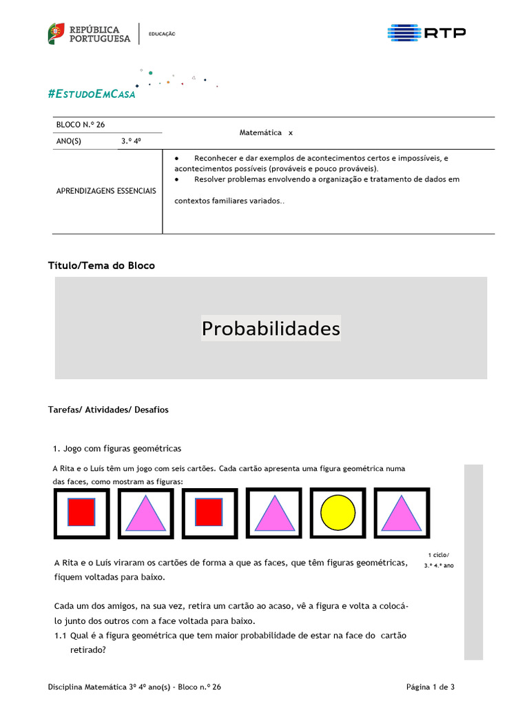 26 - Matemática - 3º e 4º Anos - Probabilidades | PDF | Geometria | Probabilidade