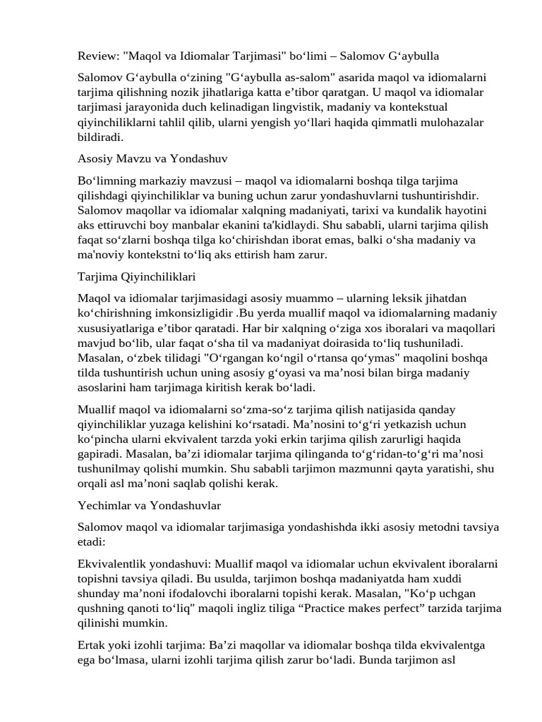 Maqola Va Idiomalar Tarjimasi | PDF