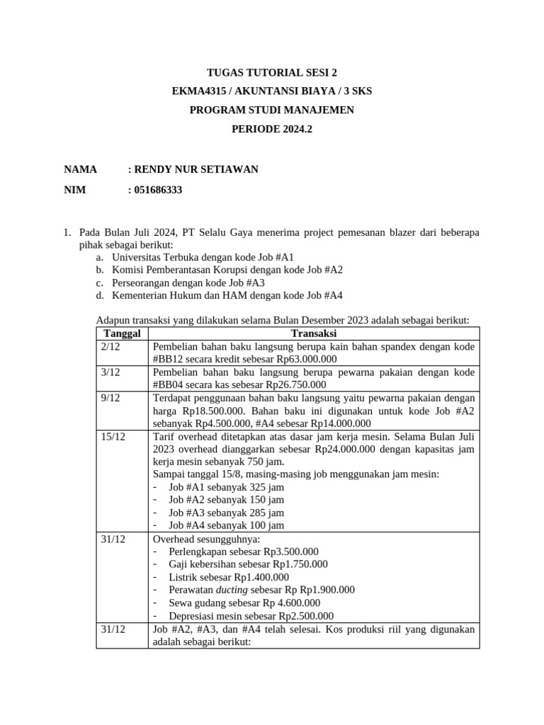 Tugas 2 Akutansi Biaya Rendy Nur Setiawan 051686333 | PDF