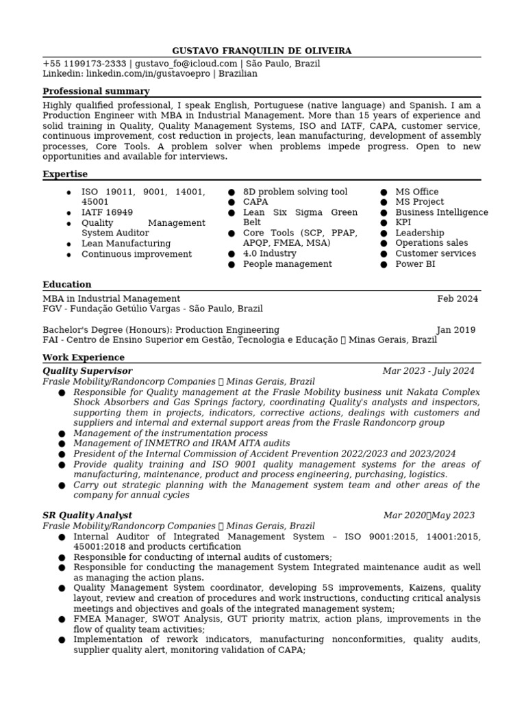 CV-Gustavo | PDF | Iso 9000 | Audit
