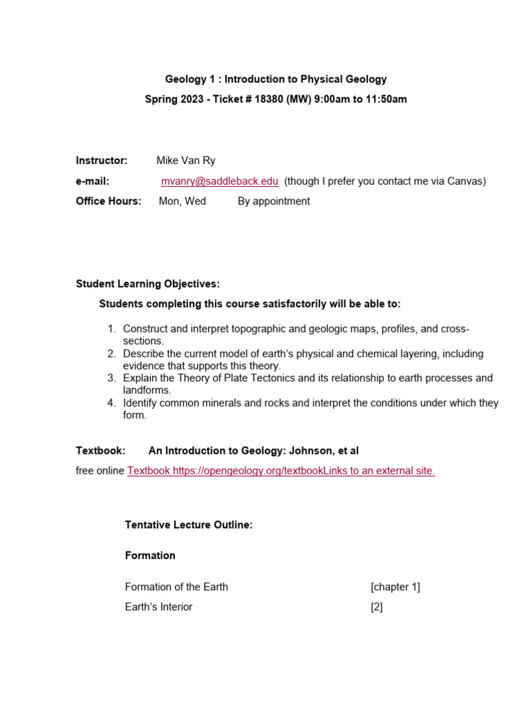 Geology_1_Syl_fall 23 | PDF | Geology | Rock (Geology)