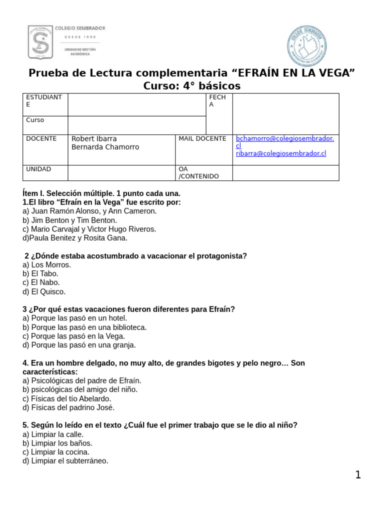Prueba de Lectura Complementaria EFRAIN EN LA VEGA | PDF | Religión y espiritualidad | Libros ...
