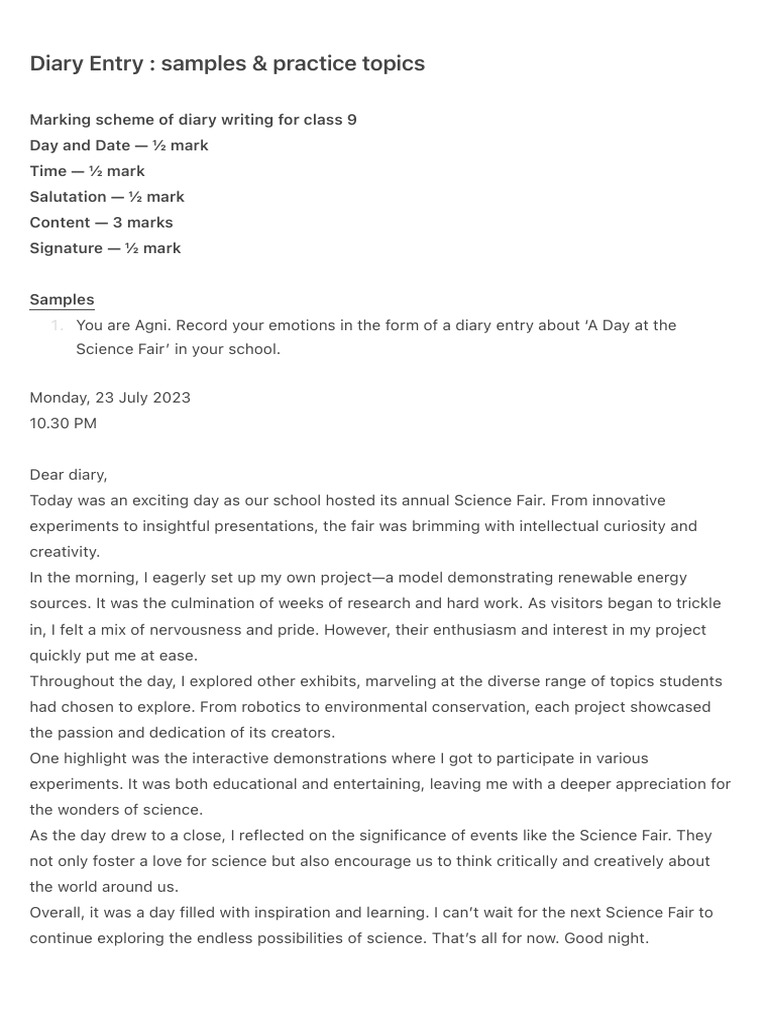 Diary Entry Samples & Practice Topics | PDF | Dream