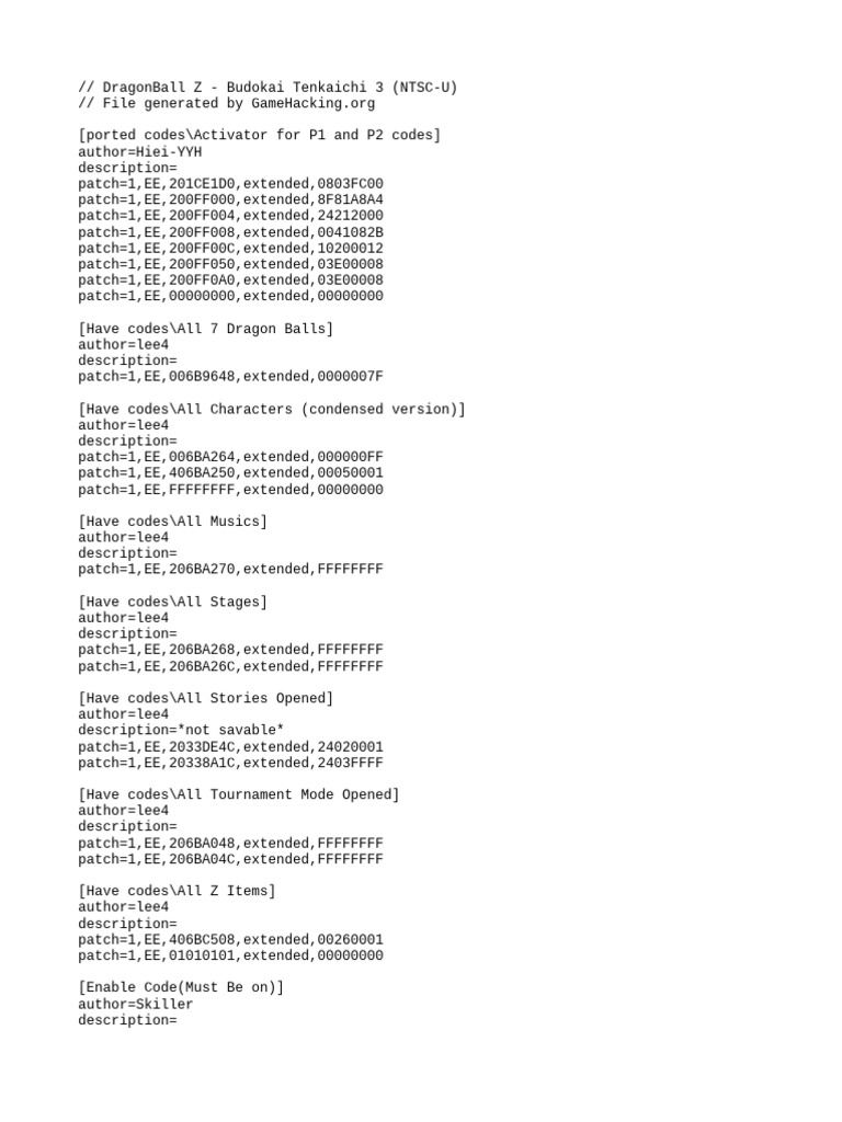 DragonBall Z - Budokai Tenkaichi 3 (NTSC-U) .Pnach | PDF | Video Game Gameplay