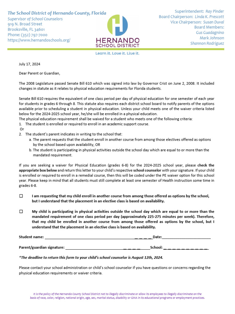 2024-25 - PE - Waiver - 6-8 - ACC | PDF | Physical Education | The ...