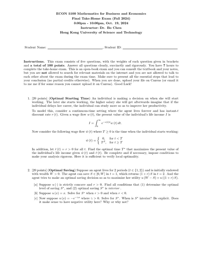 5100 Take Home Final Exam | PDF | Convex Set | Mathematical Optimization