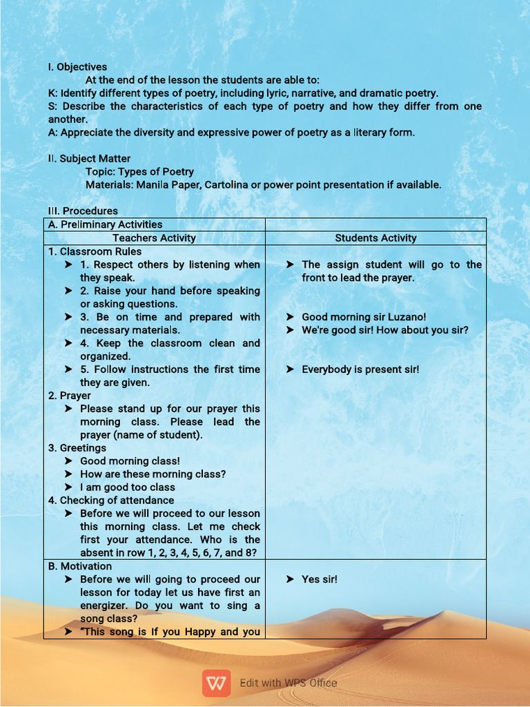 Types of Poetry Lesson Plan | PDF | Poetry | Lyric Poetry