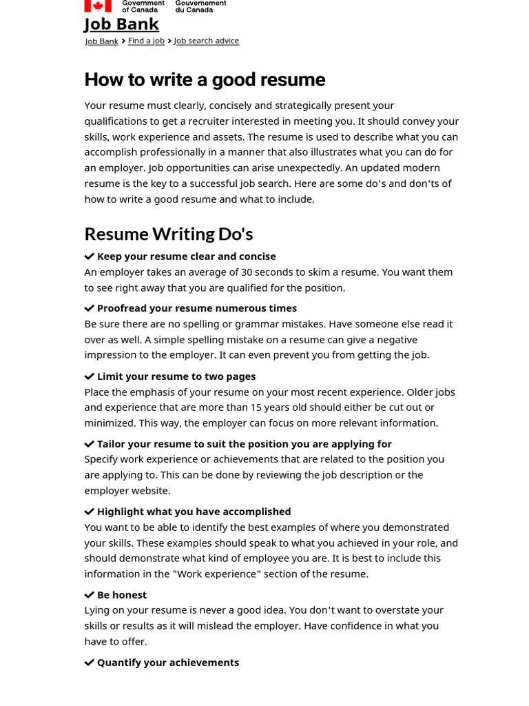 How To Write A Good Resume - Job Bank | PDF | Résumé