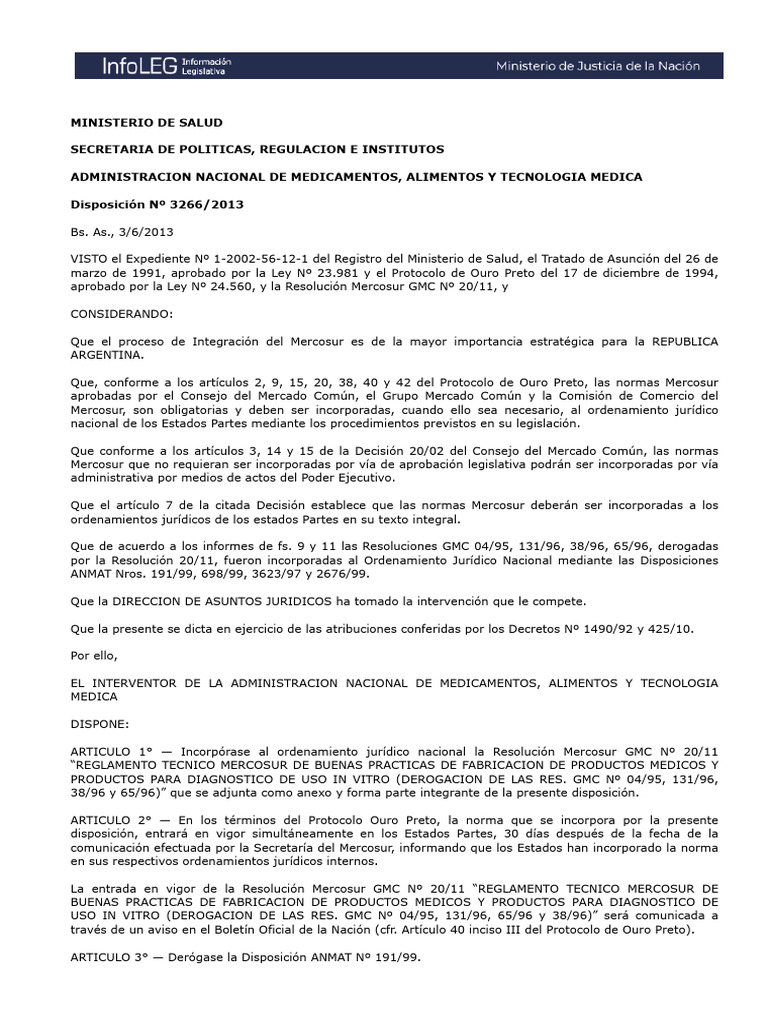 Disposición ANMAT 3266/13 sobre BPF | PDF | Calidad (comercial ...