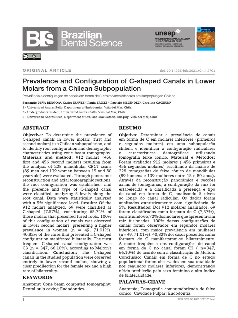 C-Shaped Canals in Chilean Lower Molars | PDF | Dentistry Branches
