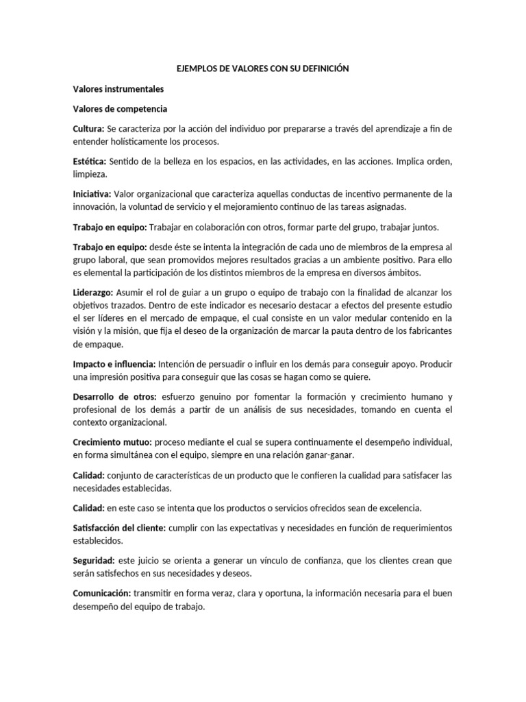 Ejemplos de Valores Con Su Definición | PDF | Business | Comportamiento