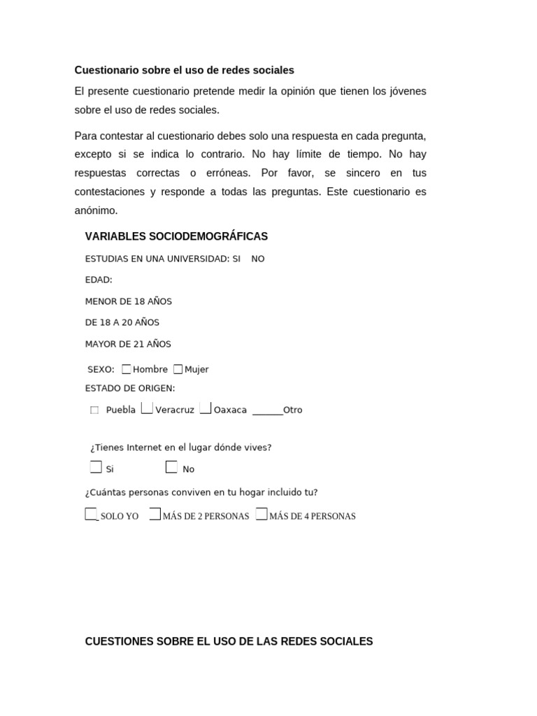 Cuestionario Sobre El Uso de Redes Sociales | PDF | Internet | Cuestionario