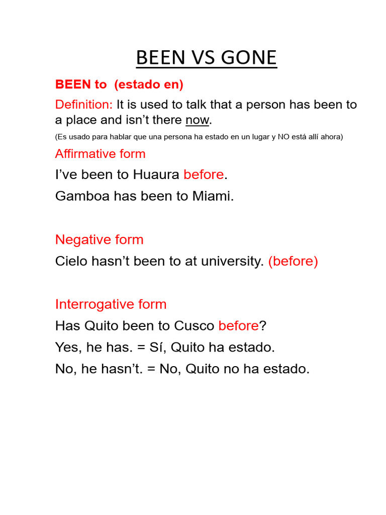 Understanding "Been" vs "Gone" Usage | PDF