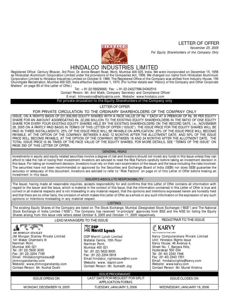 Hindalco Rights Issue Offer Letter | PDF | Stocks | Mining