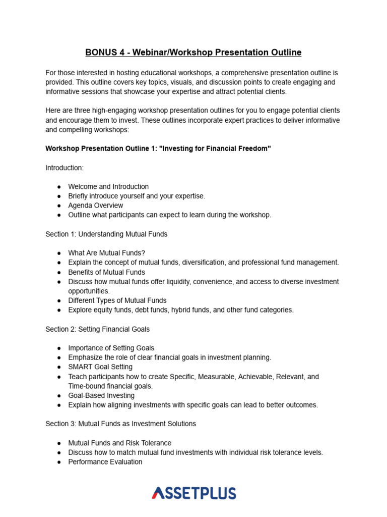 Engaging Investment Workshop Outlines | PDF | Investing | Mutual Funds