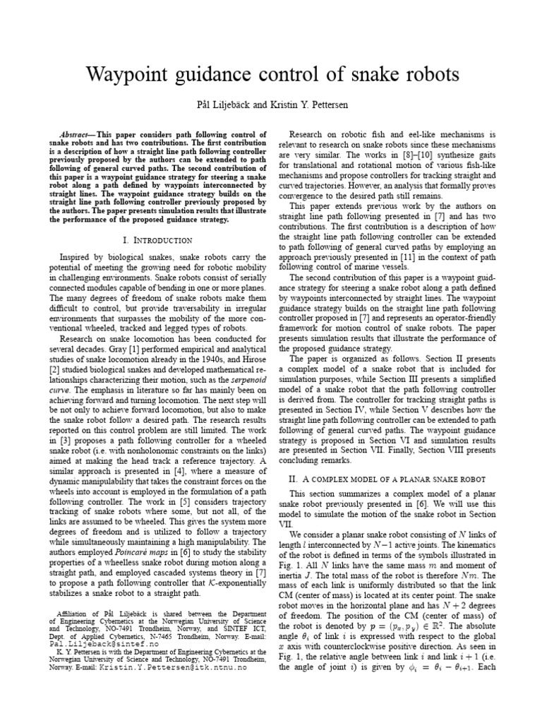 Waypoint Guidance Control of Snake Robots | PDF | Force | Control Theory