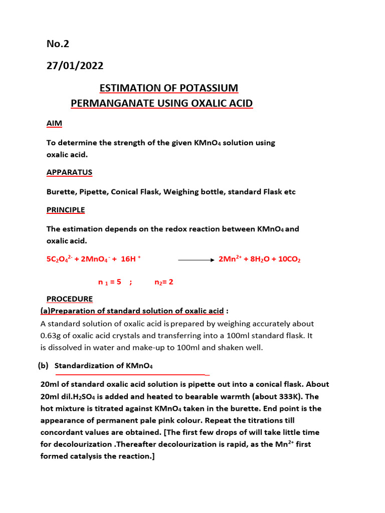 Class Xii Chemistry Practical Term 1 Volumetric Experiment No 2 | PDF | Titration | Chemistry