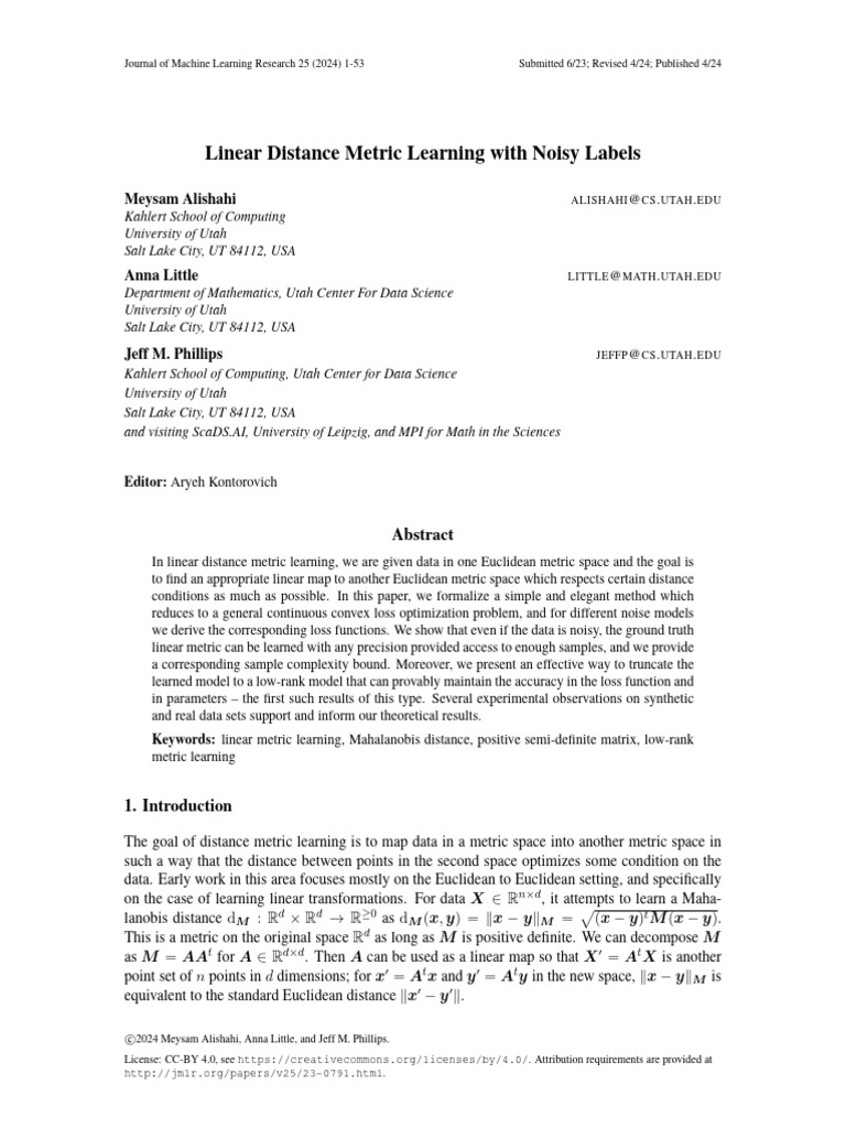 Linear Distance Metric Learning With Noisy Labels: Meysam Alishahi ...