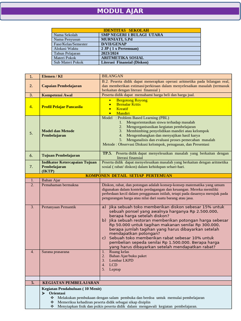 Modul Ajar Aritmetika Sosial Praktek UKIN | PDF