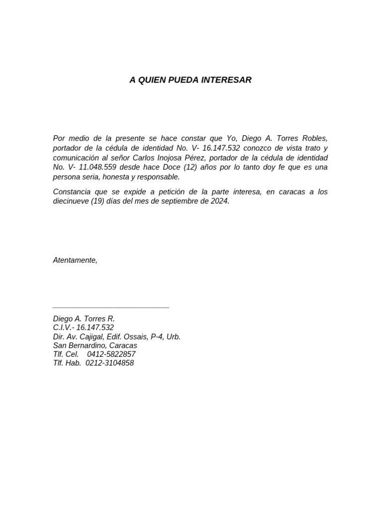A Quien Pueda Interesar Carolos | PDF