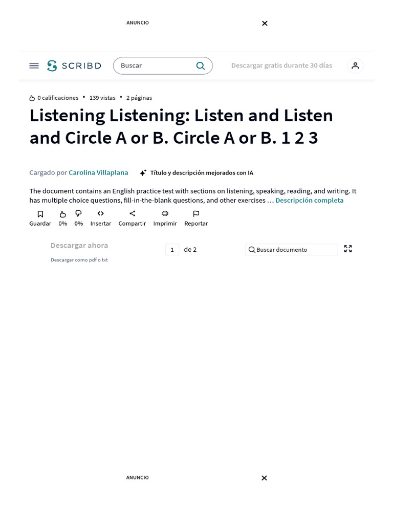Listening Listening - Listen and Listen and Circle A or B. Circle | PDF