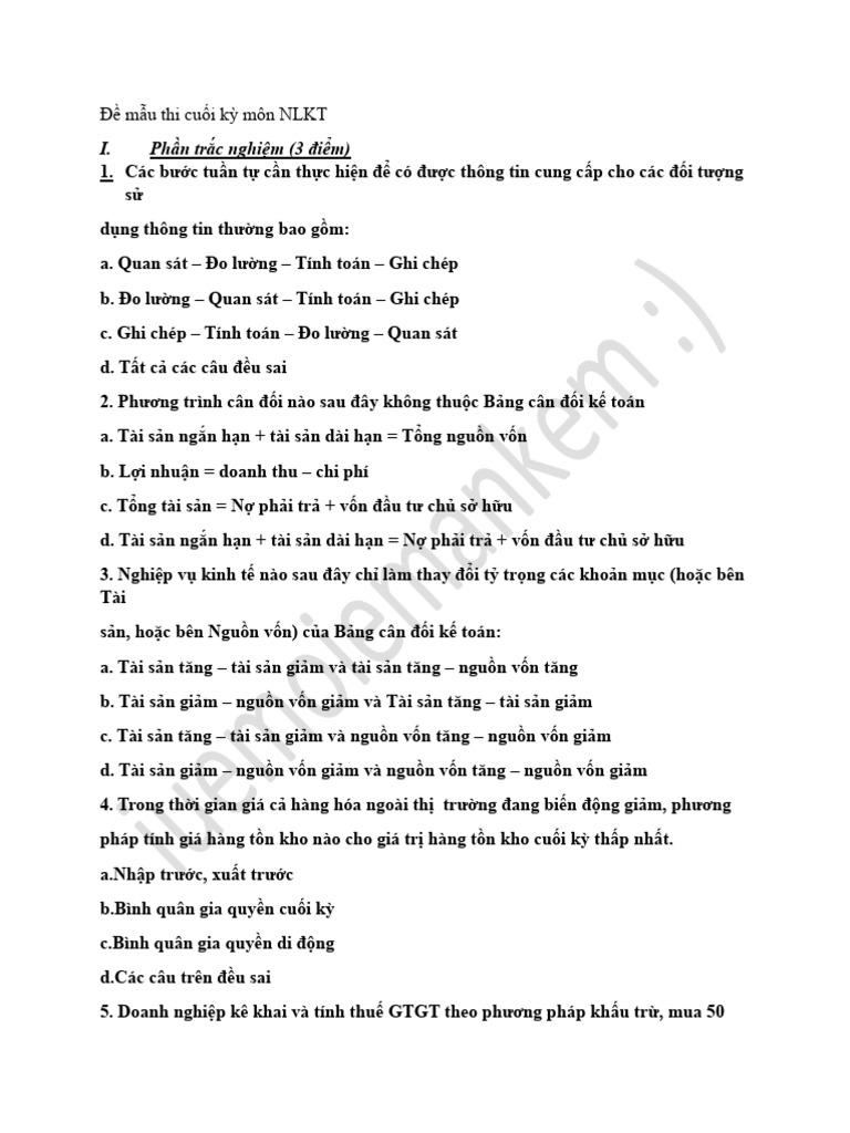 Đề mẫu thi cuối kỳ môn NLKT | PDF