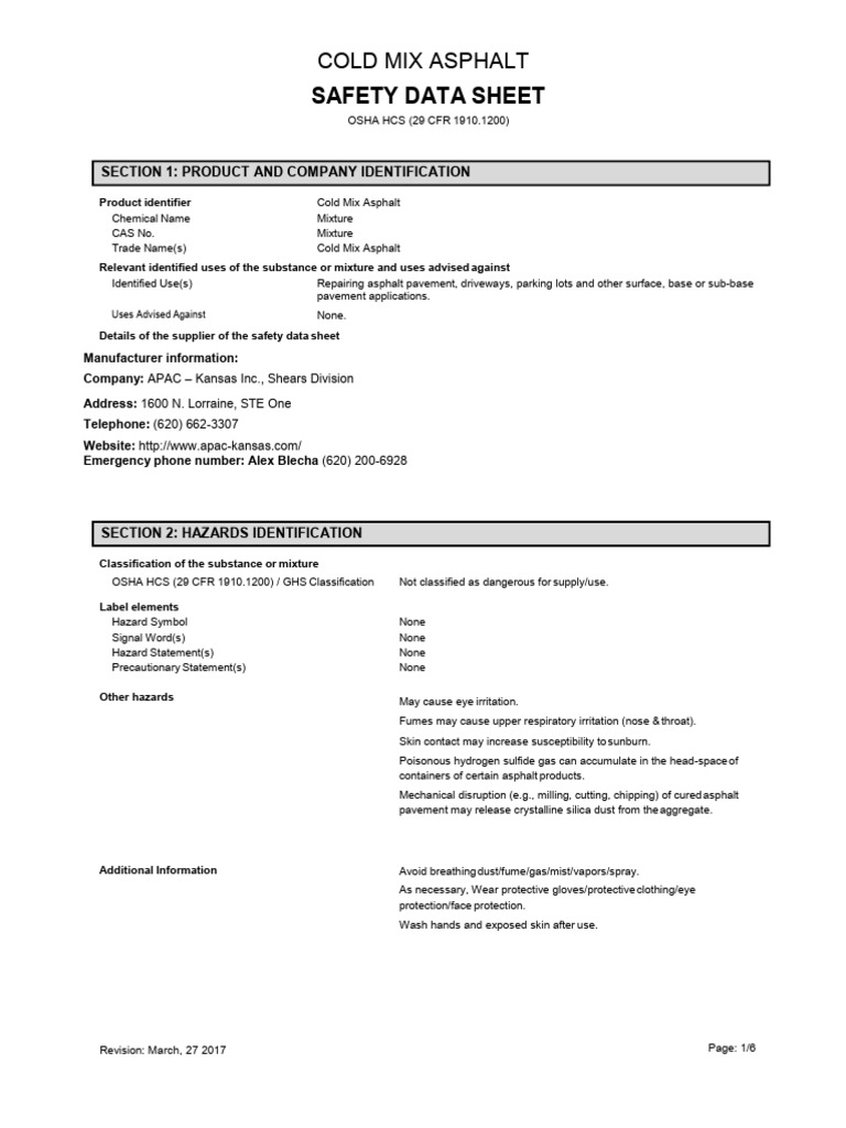 Cold Mix Asphalt Safety Data Sheet | PDF | Hazardous Waste | Waste