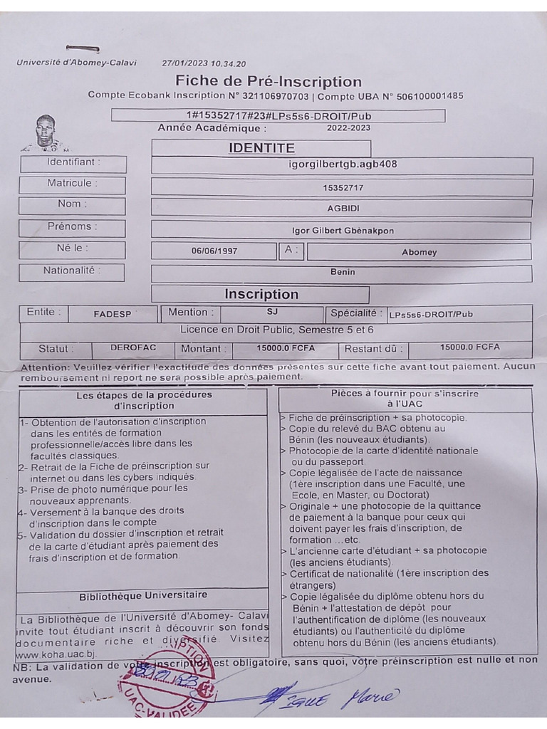 Fiche de Pré-Inscription 2022-2023 | PDF